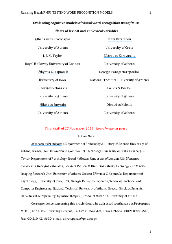 (PDF) Evaluating cognitive models of visual word recognition using fMRI: Effects of lexical and ...