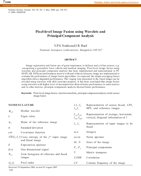 (PDF) Pixel-level Image Fusion using Wavelets and Principal Component Analysis