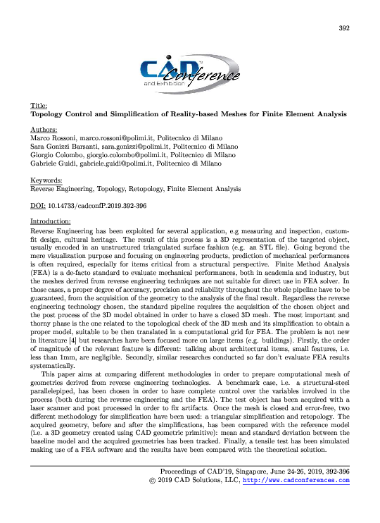 (PDF) Topology Control and Simplication of Reality-based Meshes for Finite Element Analysis