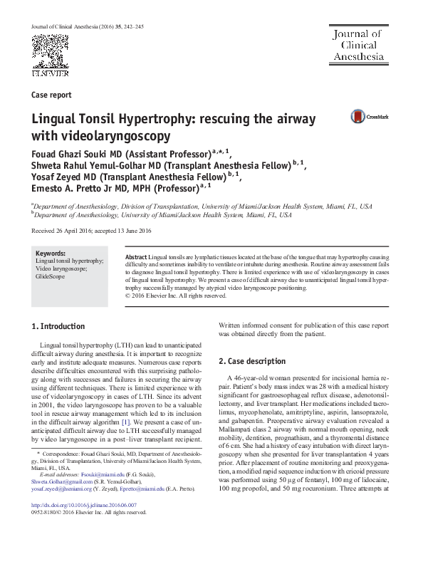 (PDF) Lingual Tonsil Hypertrophy: rescuing the airway with ...
