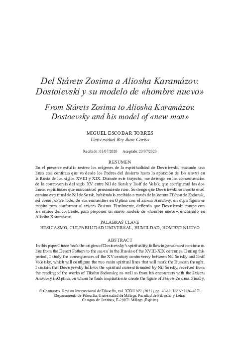(PDF) Del Stárets Zosima a Aliosha Karamázov. Dostoievski y su modelo ...