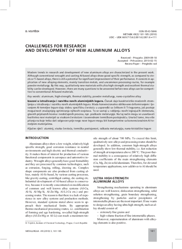 (PDF) Challenges for Research and Development of New Aluminum Alloys