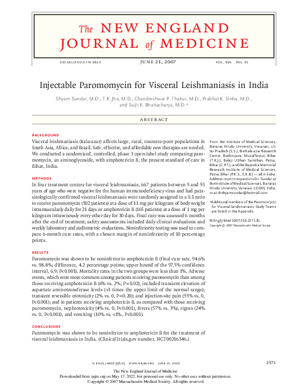 (PDF) Injectable Paromomycin for Visceral Leishmaniasis in India | Tk ...