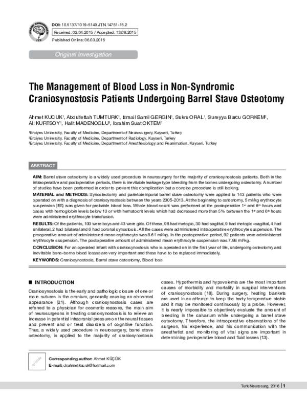 (PDF) The management of blood loss in non-syndromic craniosynostosis ...