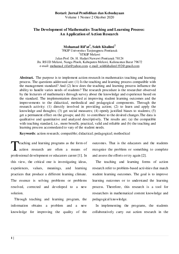 (PDF) The Development of Mathematics Teaching and Learning Process: An ...