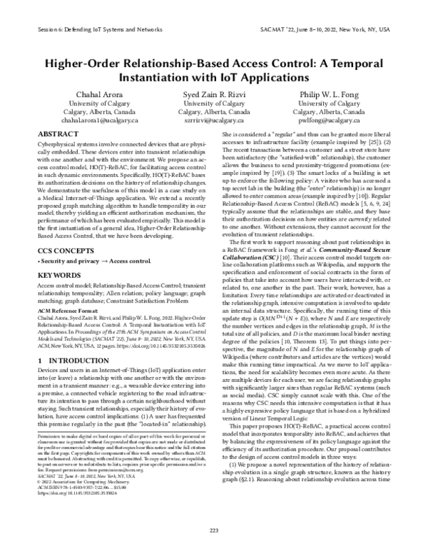 (PDF) Higher-Order Relationship-Based Access Control: A Temporal Instantiation with IoT Applications