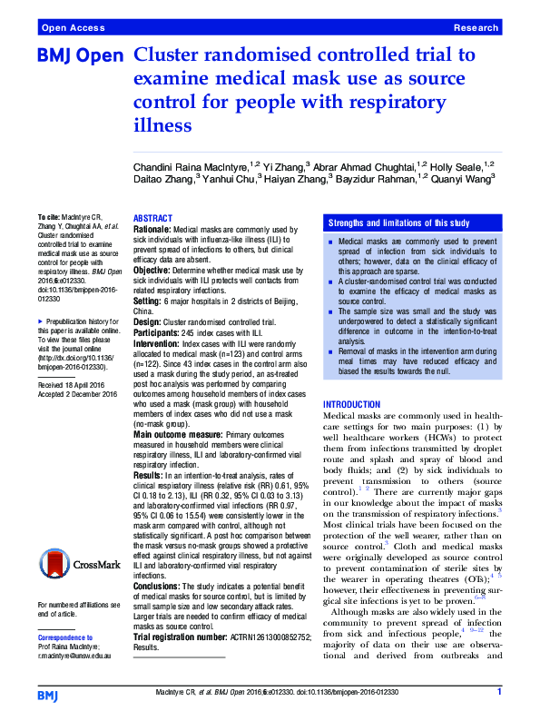 (PDF) Cluster randomised controlled trial to examine medical mask use as source control for ...