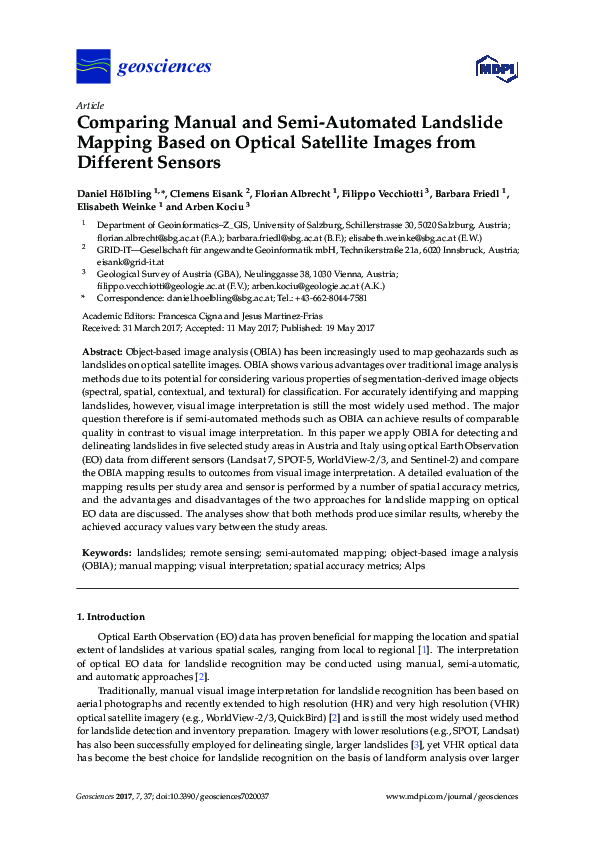 Pdf Comparing Manual And Semi Automated Landslide Mapping Based On Optical Satellite Images