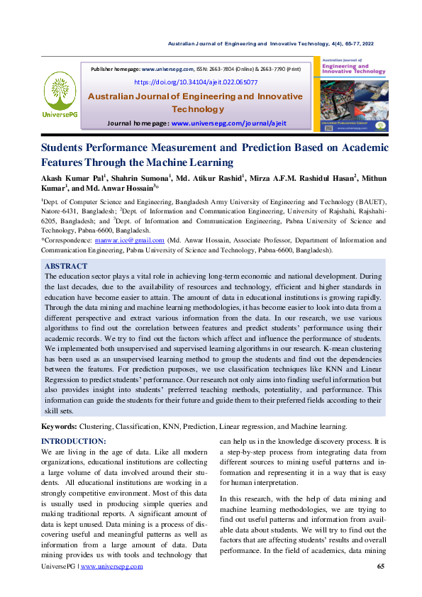 (PDF) Students Performance Measurement and Prediction Based on Academic ...