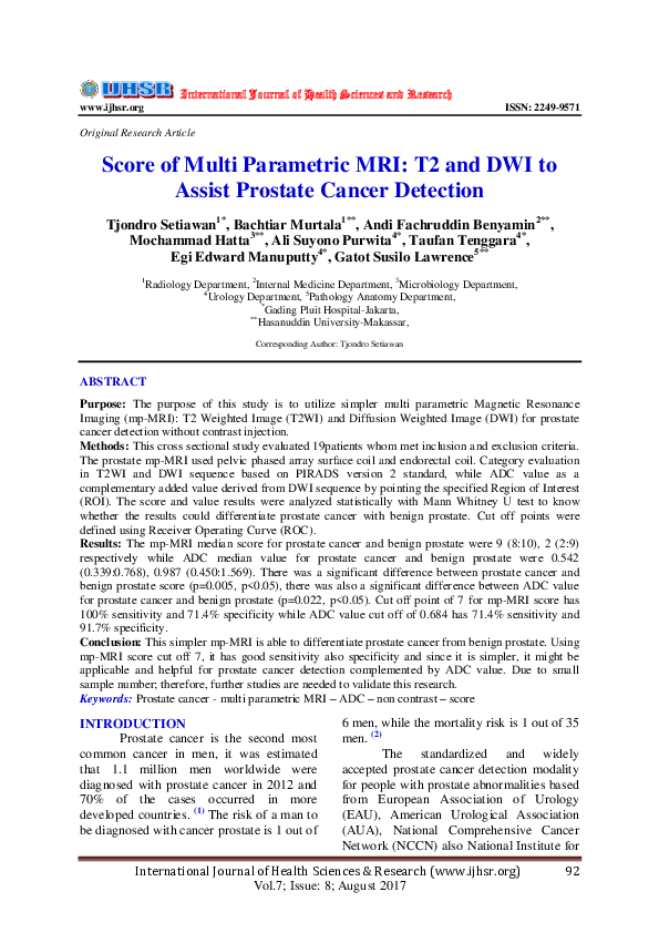 (PDF) Score of Multi Parametric MRI : T 2 and DWI to Assist Prostate ...