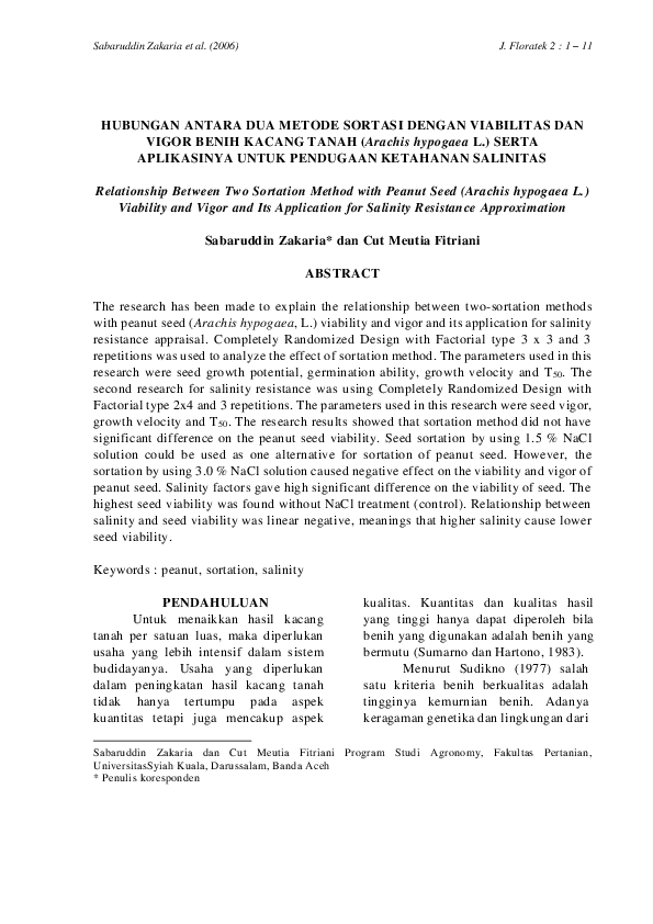 (PDF) HUBUNGAN ANTARA DUA METODE SORTASI DENGAN VIABILITAS DAN VIGOR BENIH KACANG TANAH (Arachis ...