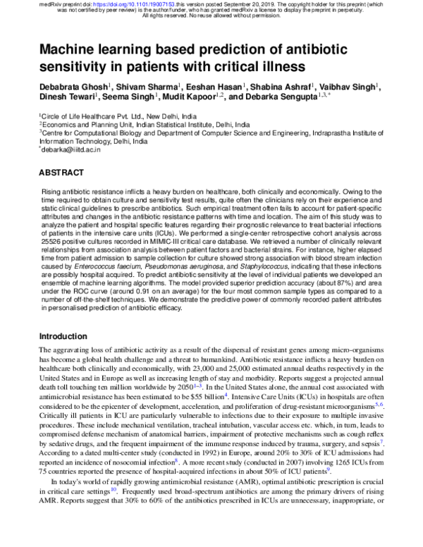 (PDF) Machine learning based prediction of antibiotic sensitivity in patients with critical illness