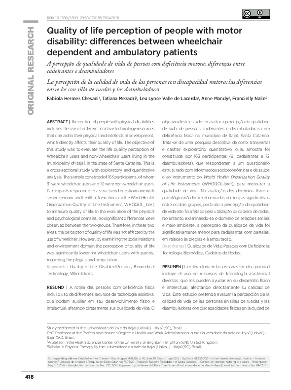 (PDF) Quality of life perception of people with motor disability ...