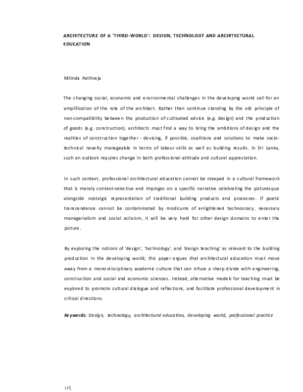 (PDF) Architecture of a 'third-world': design, technology and ...
