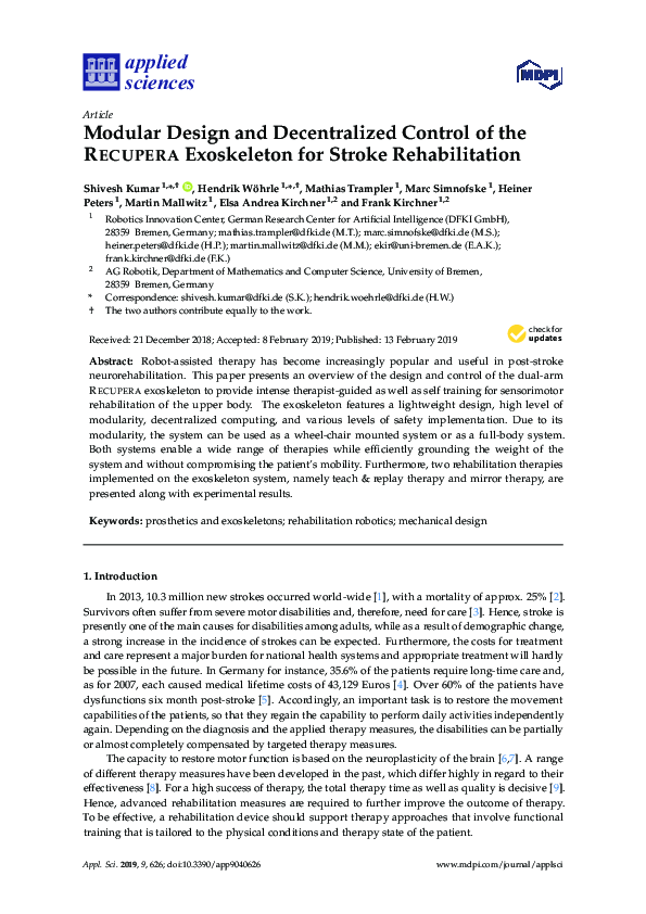 (PDF) Modular Design and Decentralized Control of the Recupera Exoskeleton for Stroke ...
