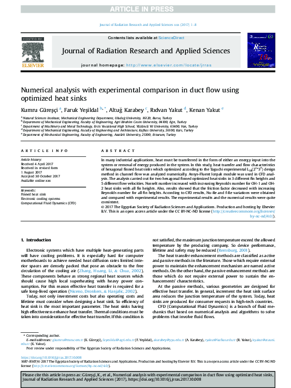 Pdf Numerical Analysis With Experimental Comparison In Duct Flow Using Optimized Heat Sinks