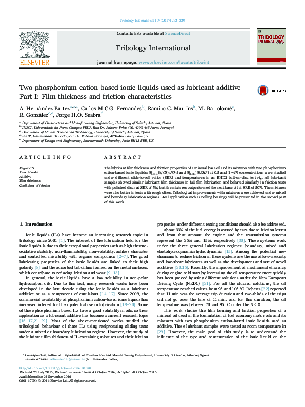 (PDF) Two phosphonium cation-based ionic liquids used as lubricant additive