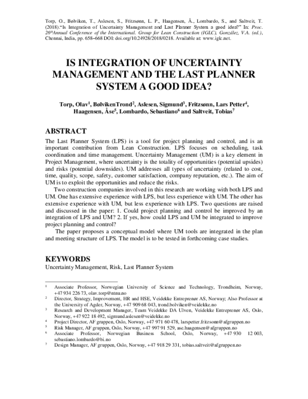 (PDF) Is Integration of Uncertainty Management and the Last Planner System a Good Idea?