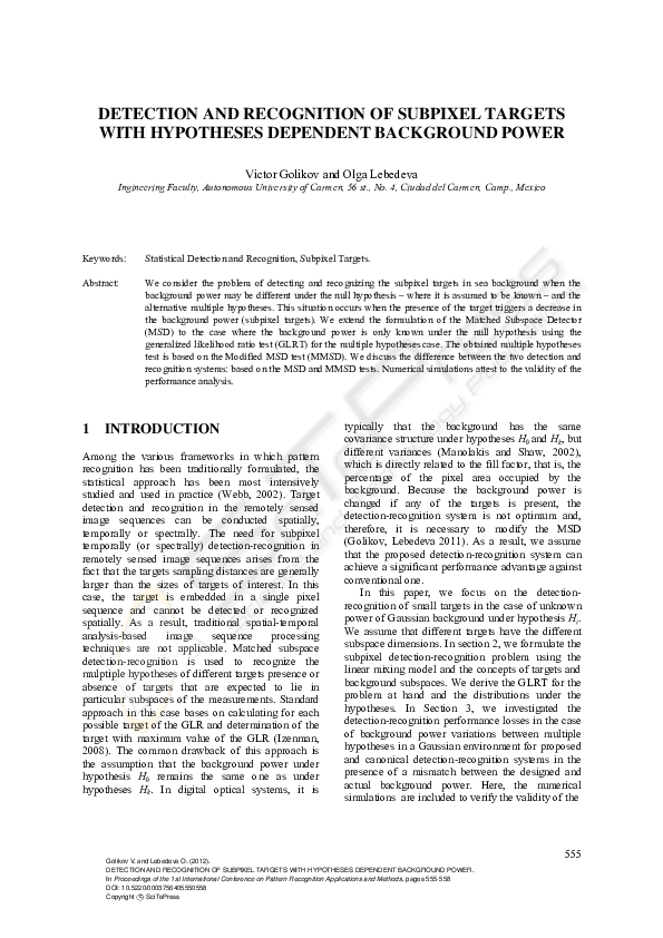 Pdf Detection And Recognition Of Subpixel Targets With Hypotheses Dependent Background Power