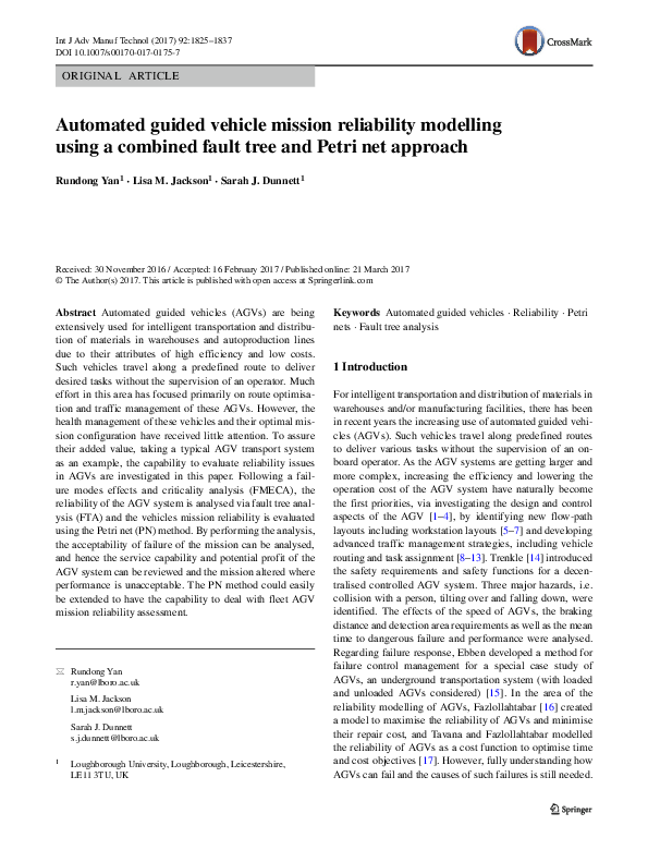 Pdf Automated Guided Vehicle Mission Reliability Modelling Using A Combined Fault Tree And
