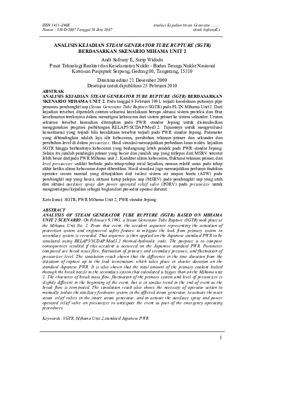 (PDF) Analisis Kejadian Steam Generator Tube Rupture (SGTR) Berdasarkan ...