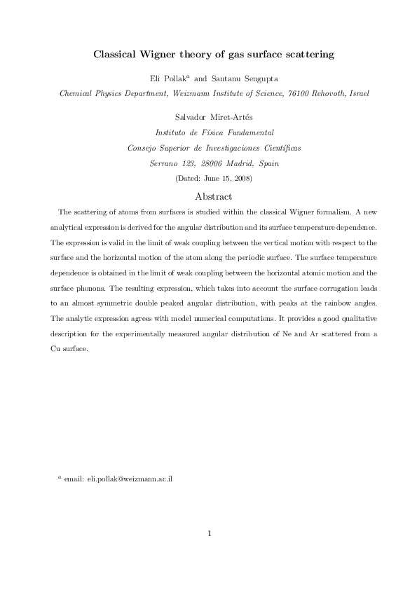 (PDF) Classical Wigner theory of gas surface scattering