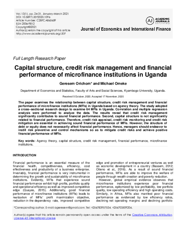 (PDF) Capital structure, credit risk management and financial ...