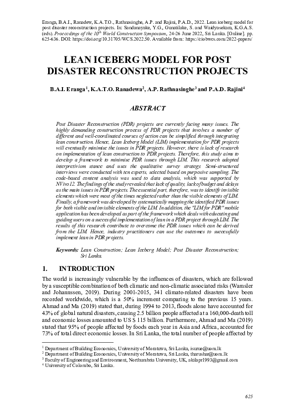 (PDF) LEAN ICEBERG MODEL FOR POST DISASTER RECONSTRUCTION PROJECTS
