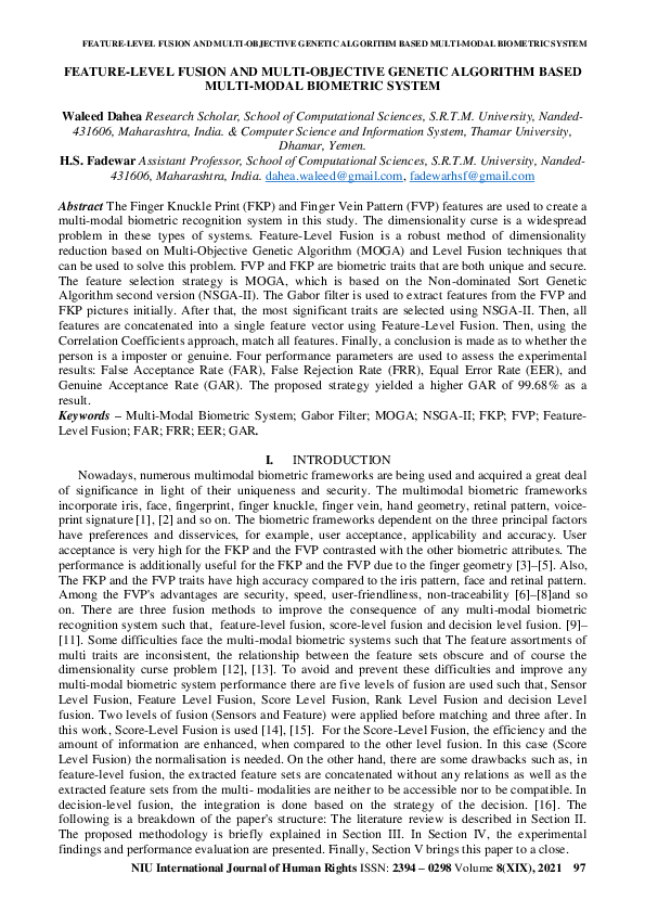 Pdf Feature Level Fusion And Multi Objective Genetic Algorithm Based Multi Modal Biometric System