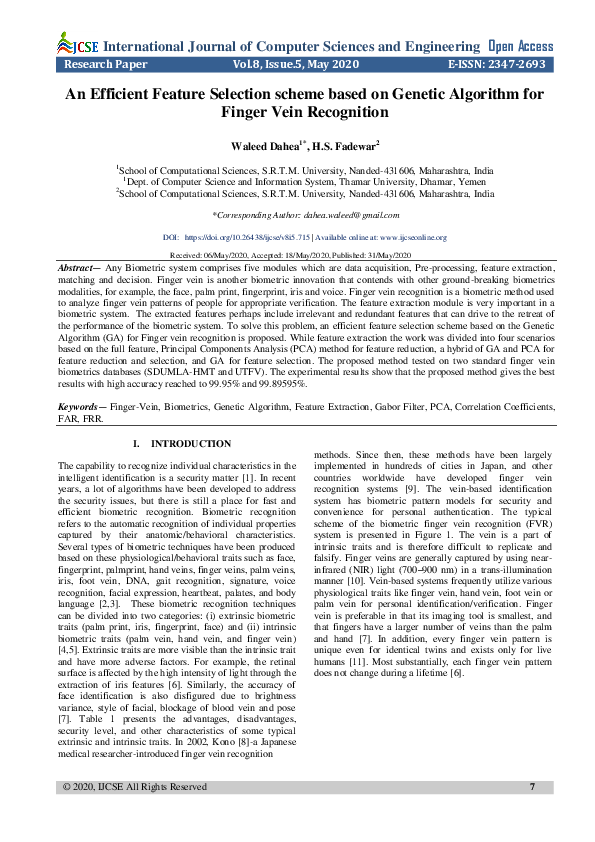 Pdf An Efficient Feature Selection Scheme Based On Genetic Algorithm For Finger Vein Recognition