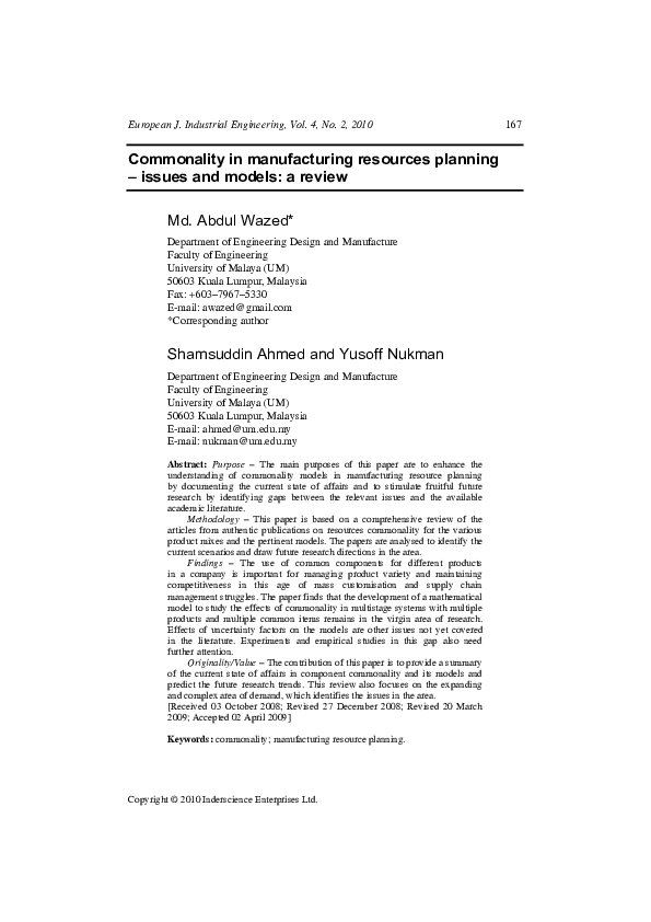 (PDF) Commonality in manufacturing resources planning – issues and ...