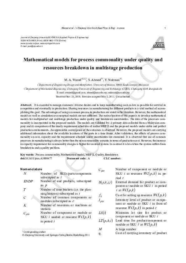 (PDF) Mathematical models for process commonality under quality and ...