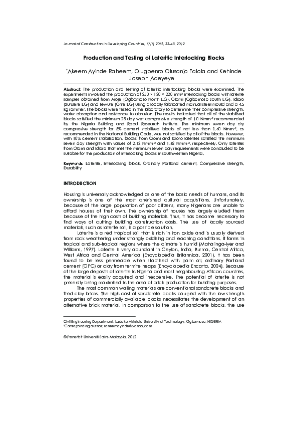 (PDF) Production and Testing of Lateritic Interlocking Blocks