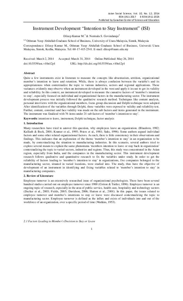 (PDF) Instrument Development “Intention to Stay Instrument” (ISI)