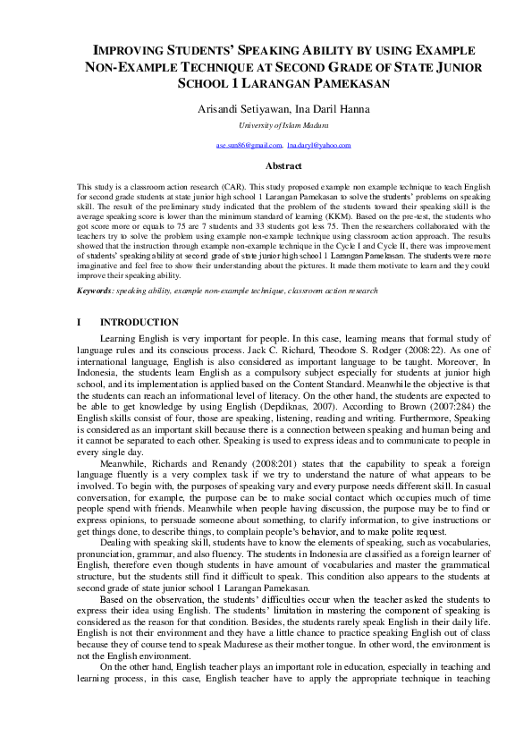 (PDF) Improving Students’ Speaking Ability by Using Example Non-Example Technique at Second ...