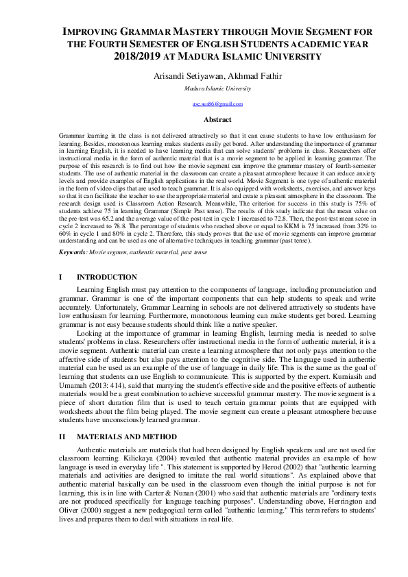 (PDF) Improving Grammar Mastery through Movie Segment for the Fourth ...