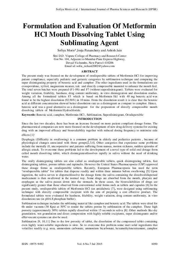 Pdf Formulation And Evaluation Of Metformin Hcl Mouth Dissolving Tablet Using Sublimating Agent