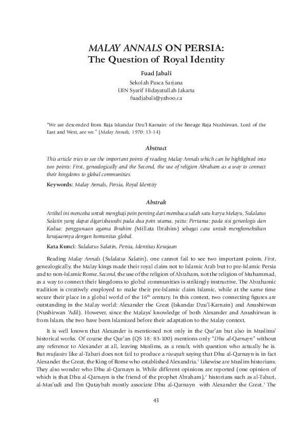 (PDF) MALAY ANNALS ON PERSIA: The Question of Royal Identity | Fuad ...