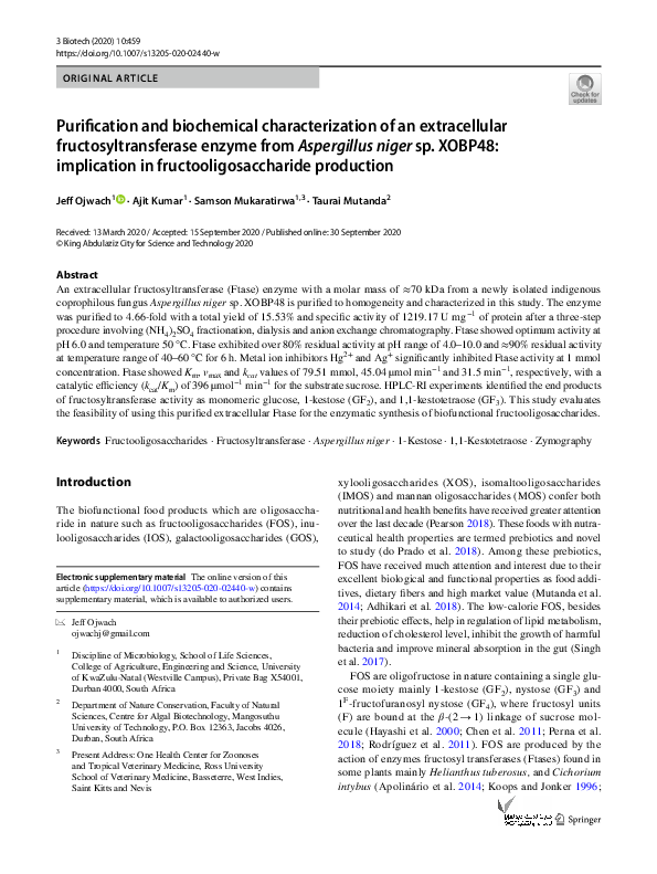 (PDF) Purification and biochemical characterization of an extracellular fructosyltransferase ...