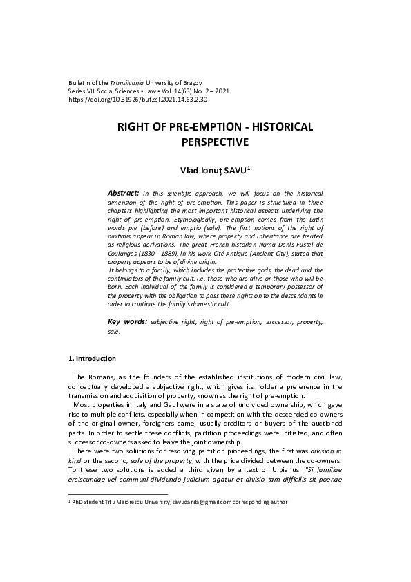 (PDF) Right of Pre-Emption - Historical Perspective