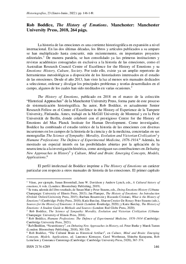 (PDF) "Reseña de Rob Boddice, The History of Emotions. Manchester ...