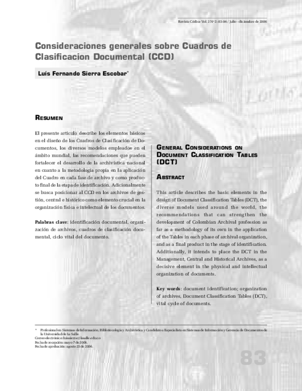(PDF) Consideraciones generales sobre Cuadros de Clasificacion Documental (CCD)