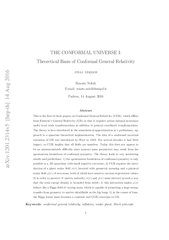 Pdf The Conformal Universe I Theoretical Basis Of Conformal General Relativity Revised