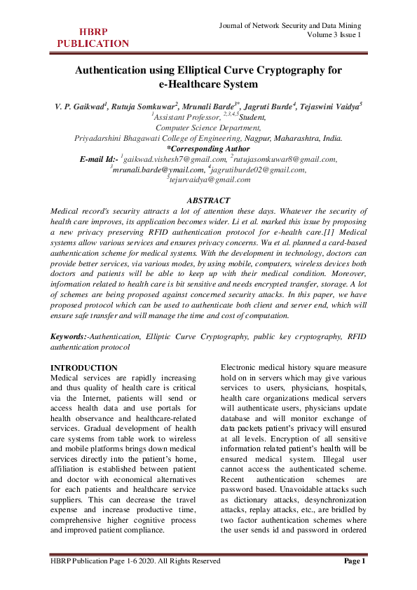 (PDF) Authentication using Elliptical Curve Cryptography for e-Healthcare System