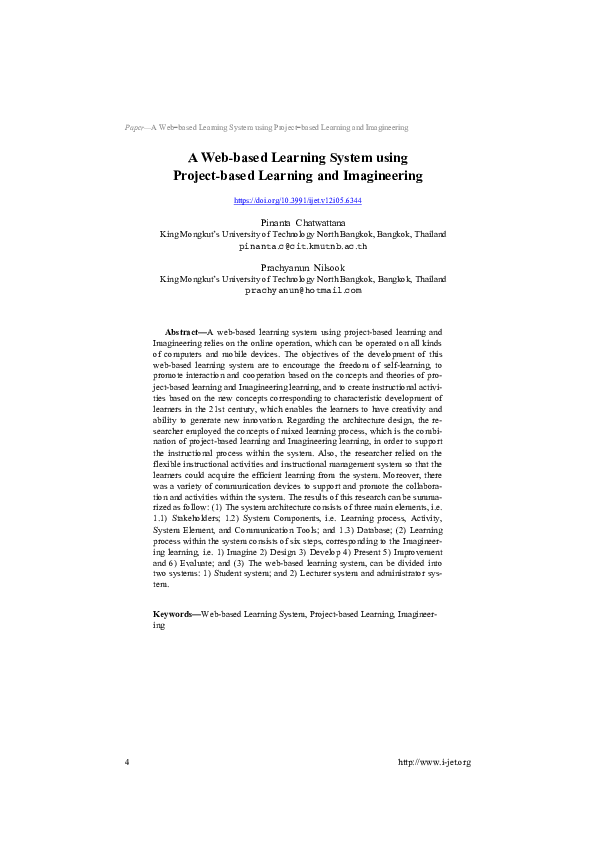 (PDF) A Web-based Learning System using Project-based Learning and Imagineering