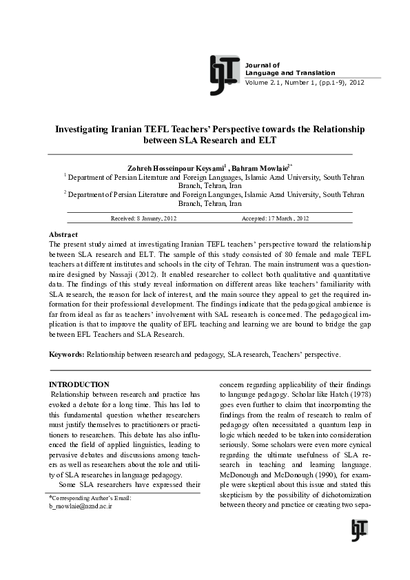 (PDF) Investigating Iranian TEFL Teachers’ Perspective towards the Relationship between SLA ...