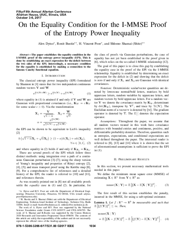 (PDF) On the equality condition for the I-MMSE proof of the entropy power inequality