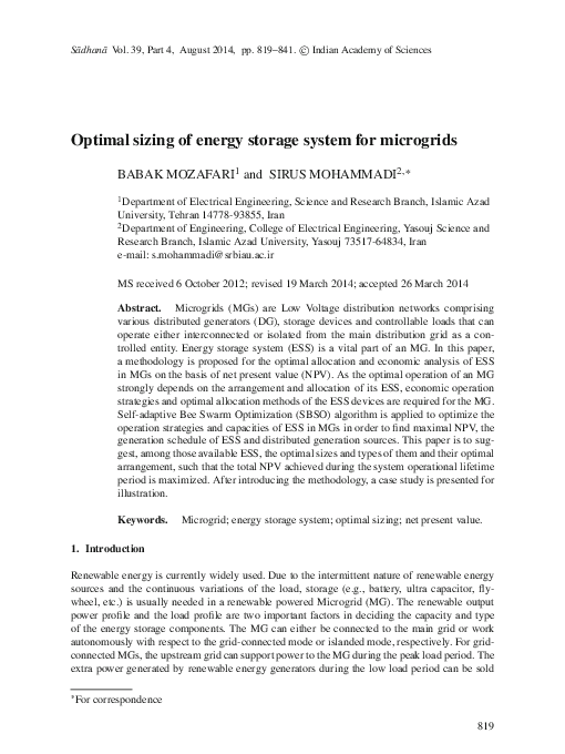 Pdf Optimal Sizing Of Energy Storage System For Microgrids