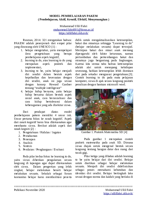 (PDF) MODEL PEMBELAJARAN PAKEM ( Pembelajaran, Aktif, Kreatif, Efektif, Menyenangkan )