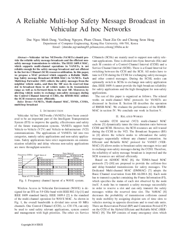 (PDF) A reliable multi-hop safety message broadcast in Vehicular Ad hoc Networks